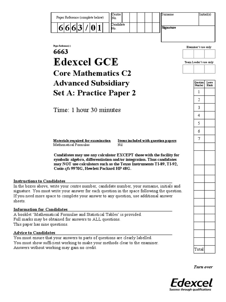C2 Practice Paper A2 | PDF | Circle | Mathematical Objects