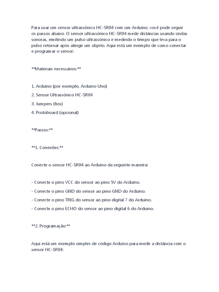 Para Usar Um Sensor Ultrassônico Hc Sr04 Com Um Arduino Você Pode Seguir Download Grátis Pdf