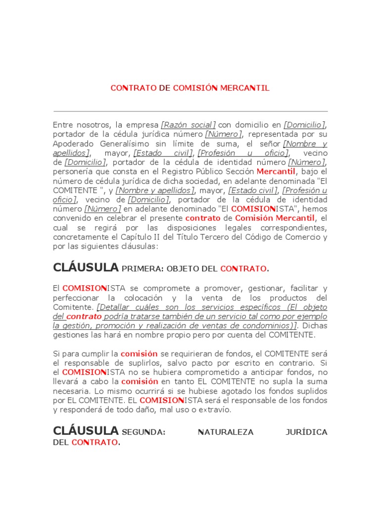 Formato de Contrato de Comisión Mercantil Costa Rica | Descargar gratis ...
