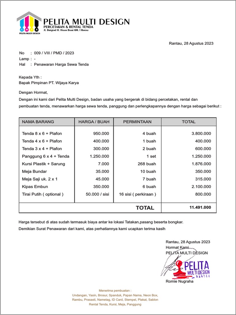 Penawaran Sewa Tenda dan Kursi | PDF