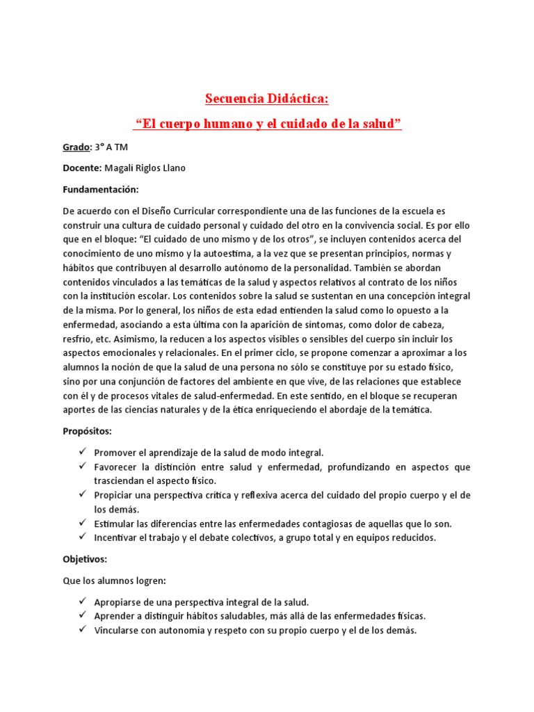 Secuencia Didáctica. El Cuerpo Humano y El Cuidado de La Salud. Tercer ...