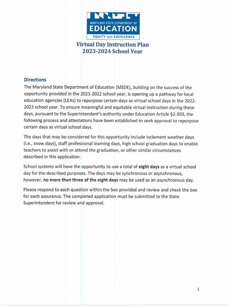 MSDE Virtual Day Instruction Plan - SY2023-2024 - 072623 | PDF