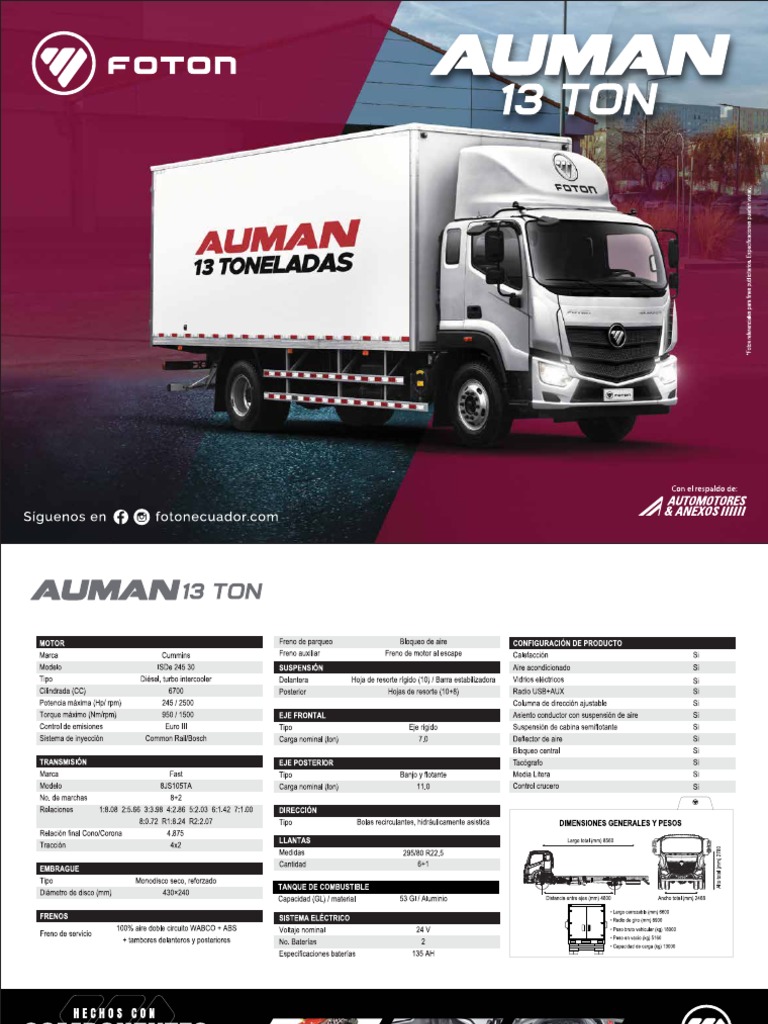 Foton Ficha Tecnica Auman 13 Ton 2022 | PDF
