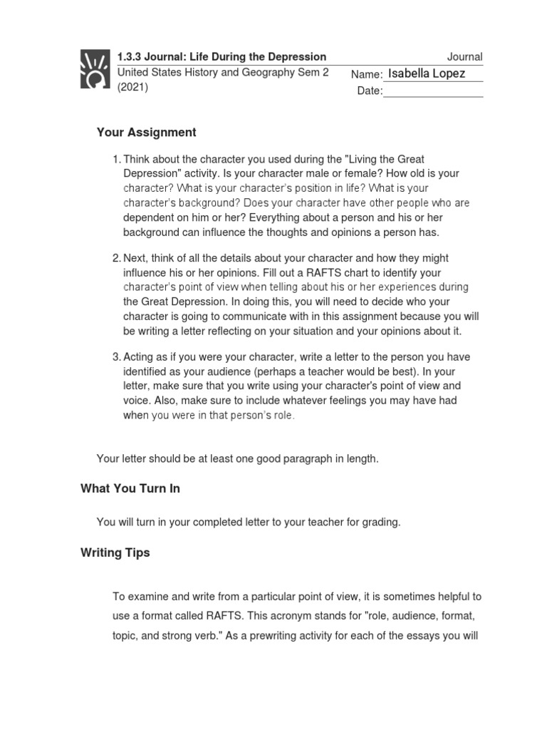 Kami Export - 1.3.3 Journal - Life During The Depression (Journal ...