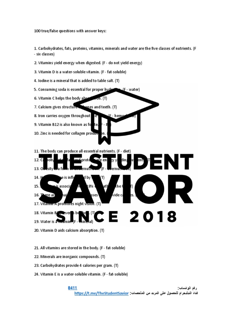 100 True-False Questions With Answer Keys | PDF | Vitamin | Nutrition