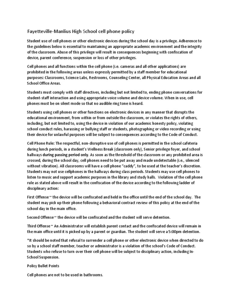 Fayetteville-Manlius High School Cell Phone Policy | PDF | Telephone ...