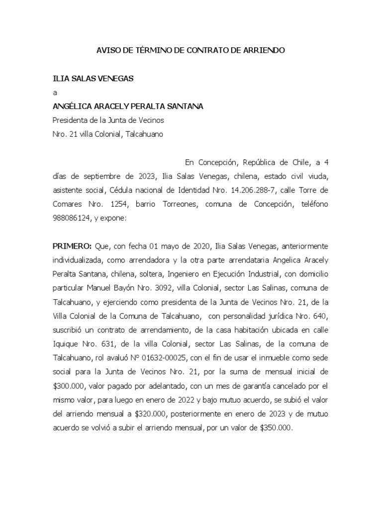 Modelo de Aviso Termino de Contrato de Arriendo | PDF