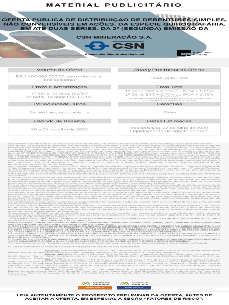 Deb. CSN Mineracao Material WPP | PDF | Título corporativo | Investimentos