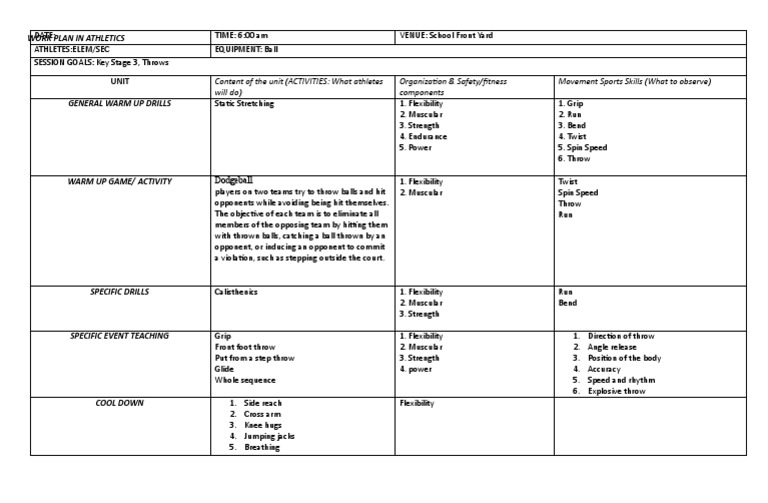 WORK PLAN TEMPLATE Sample | PDF | Flexibility (Anatomy) | Athletic Sports