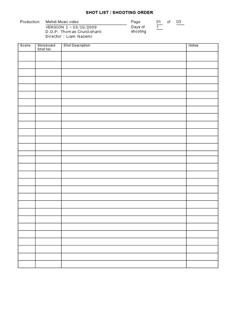 Music Video Shot List Template | PDF