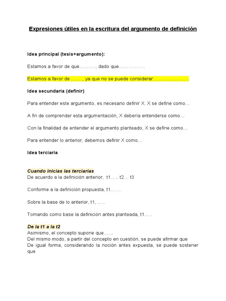 Expresiones útiles en la escritura del argumento de definición | PDF