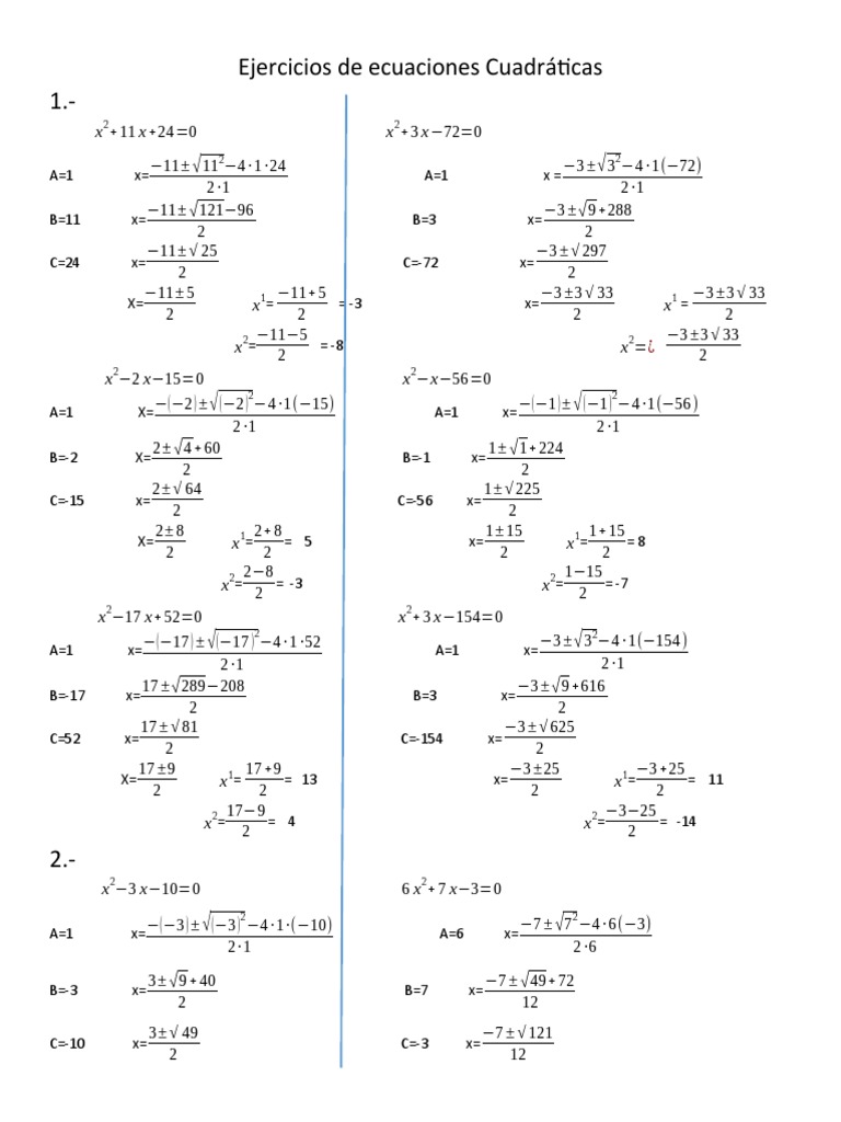 Ejercicios de Ecuaciones Cuadráticas | PDF