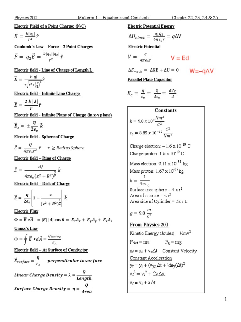 Phys 202 Midterm 1 Equations | PDF | Electric Field | Electricity