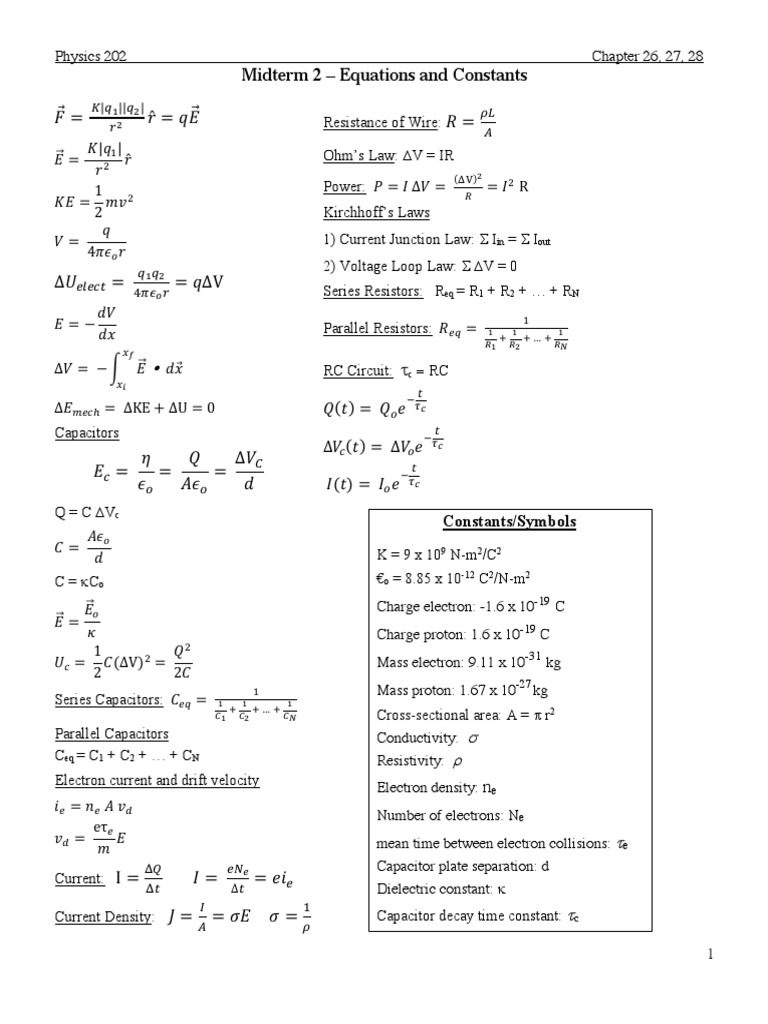 Phys 202 Midterm 2 Equations | PDF | Applied And Interdisciplinary Physics | Physical Quantities
