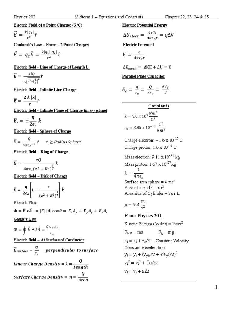 Phys 202 Midterm 1 Equations | PDF | Electric Field | Electricity Phys 202 Midterm 1 Equations | PDF | Electric Field | Electricity
