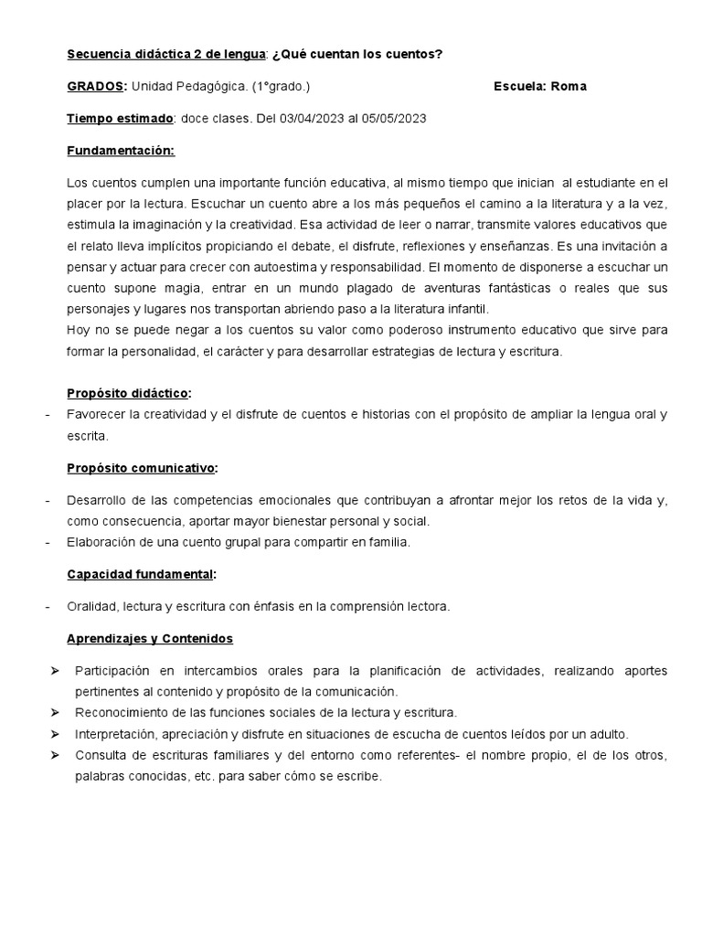 Secuencia Didáctica 2 de Lengua 2023 | PDF | Evaluación | Cuentos