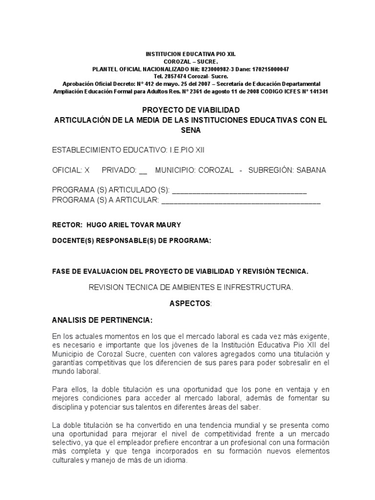 Proyecto de Viabilidad Articulación Sena Vigencia2022 | PDF | Plan de estudios