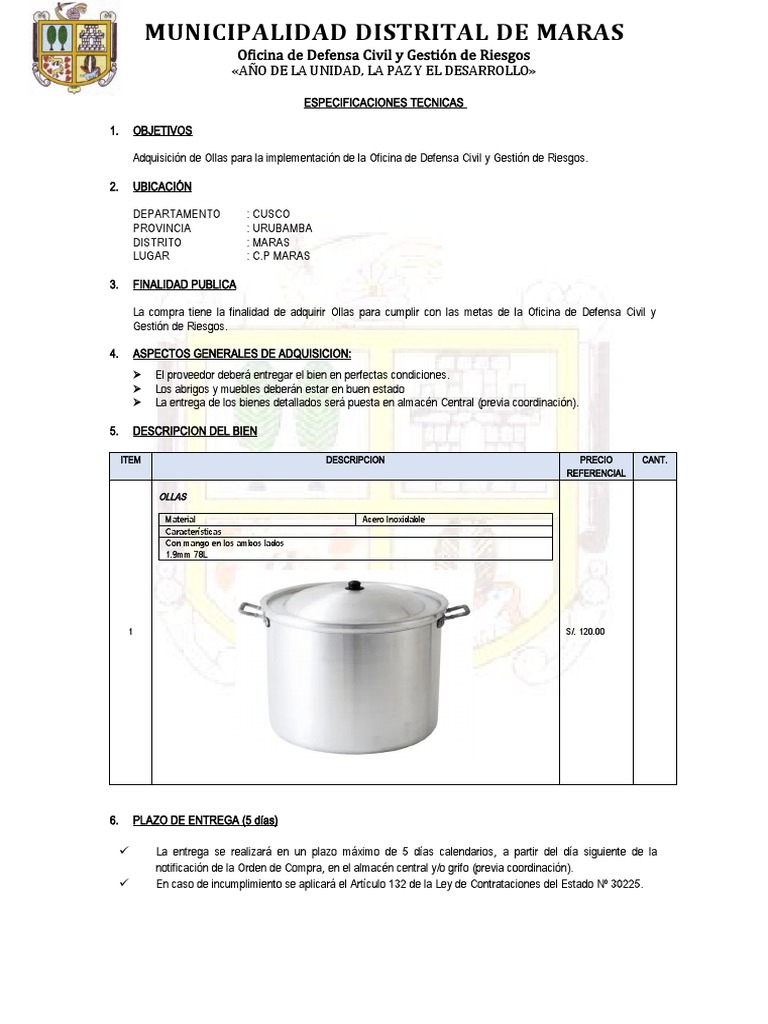 Especificaciones Tecnicas - Ollas Con Precio Referencial | PDF