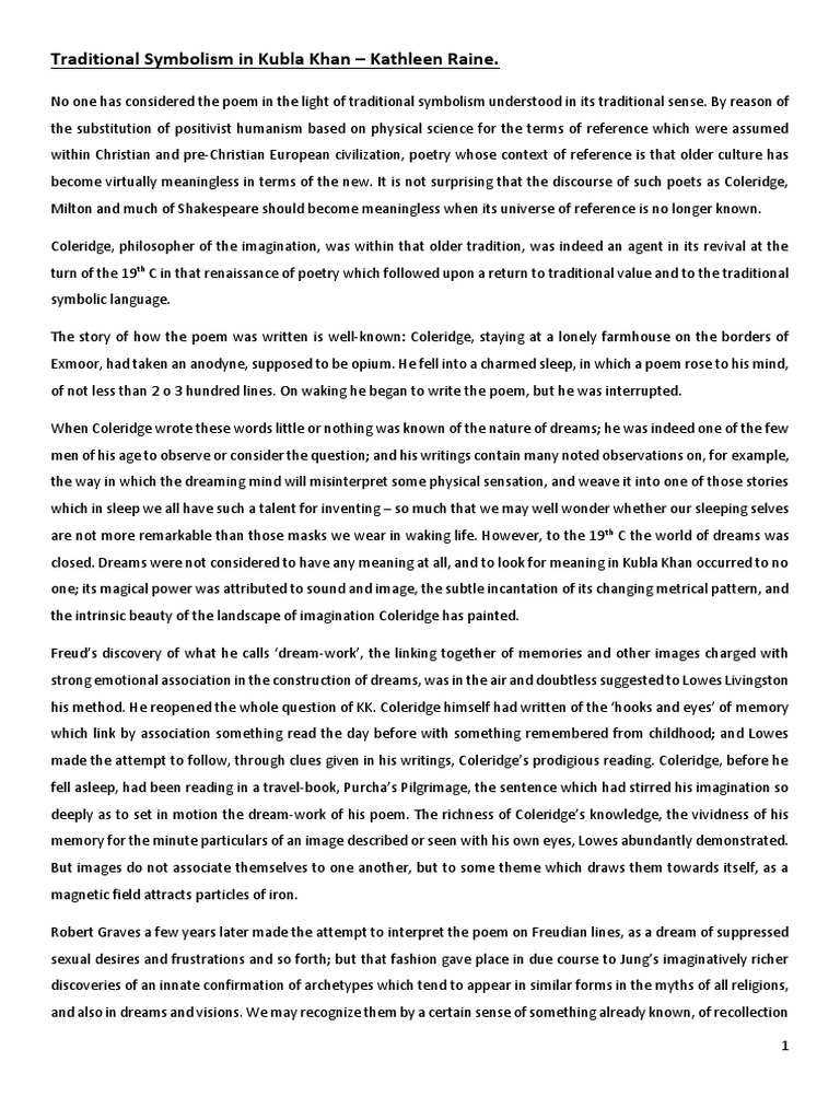 Traditional Symbolism in Kubla Khann | PDF | Samuel Taylor Coleridge ...