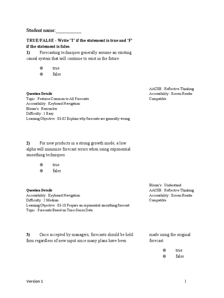 Student Name: - : TRUE/FALSE - Write 'T' If The Statement Is True and 'F' If The Statement Is ...