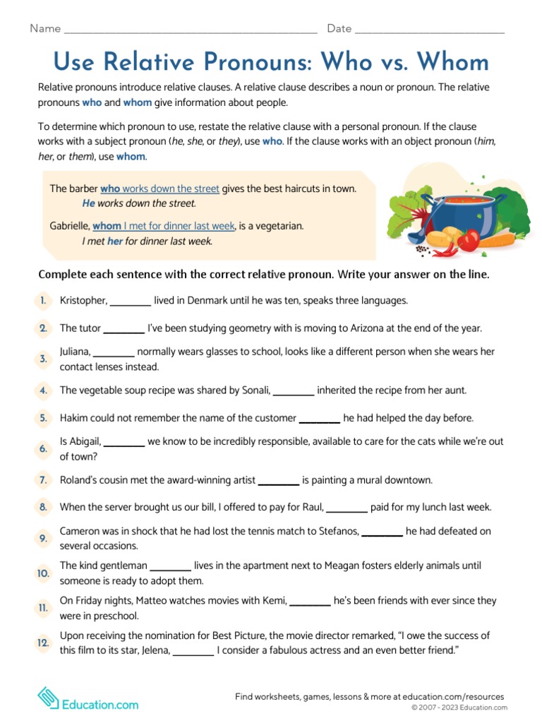 Who vs. Whom: Relative Pronouns Worksheet | PDF | Pronoun | Language ...