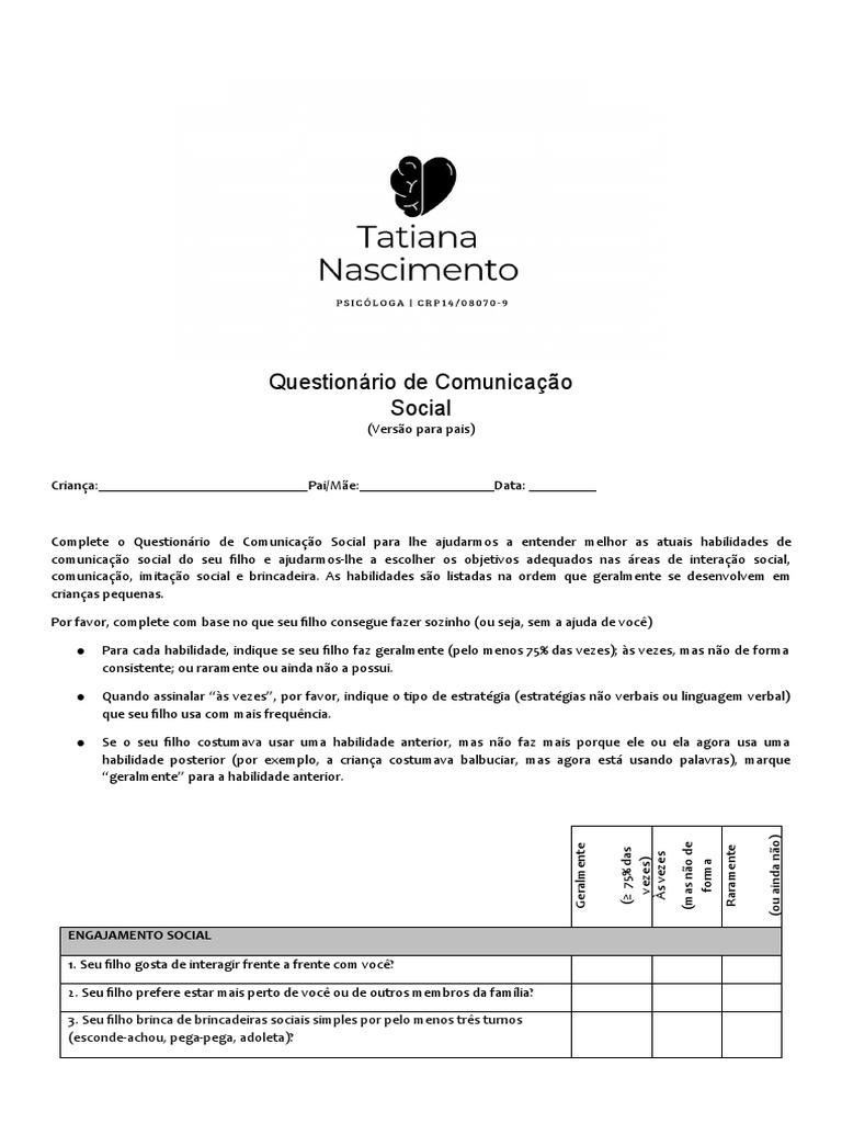 Questionario de Comunicacao Social SCQ | PDF | Comunicação | Brinquedos Questionario de Comunicacao Social SCQ | PDF | Comunicação | Brinquedos