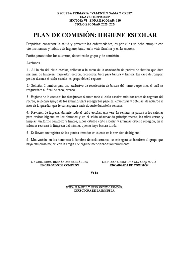 Plan de Comision Higiene Escolar | PDF