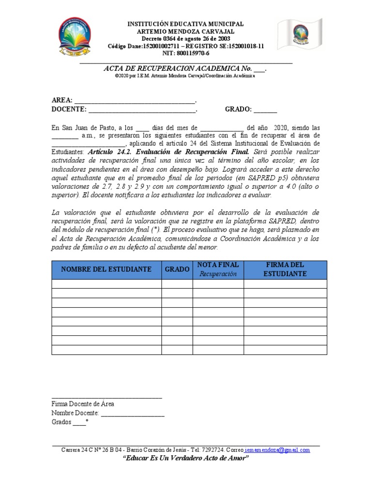 Acta de Recuperacion. 2020 | PDF