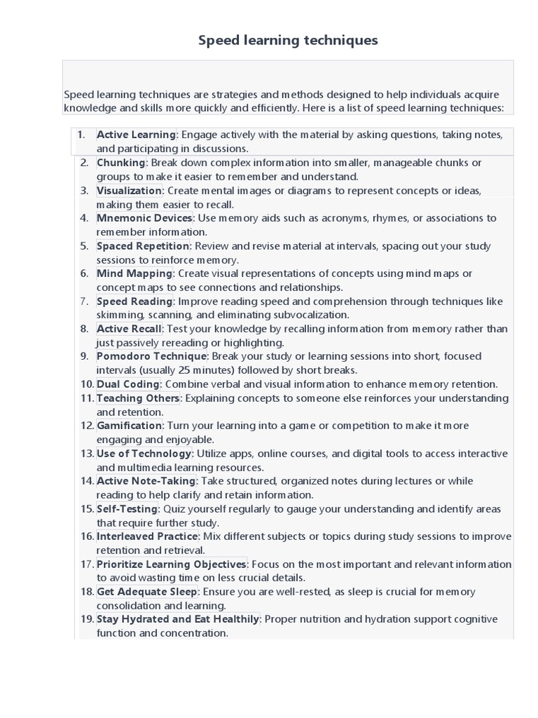 Speed Learning Techniques | Download Free PDF | Learning | Memory