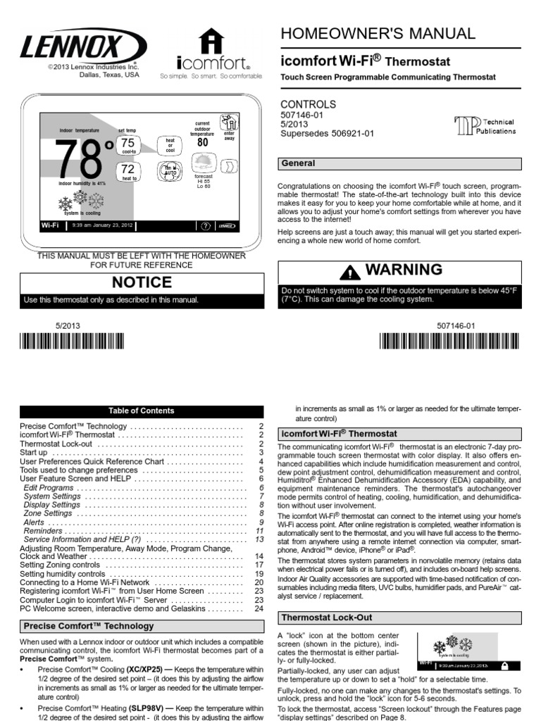 Lennox-icomfort-WiFi-Owners Manuel-5-2013 | PDF | Thermostat | Humidity