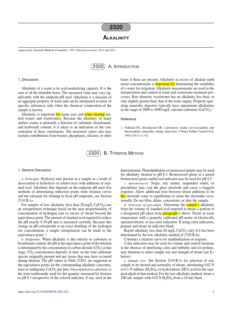 2320 Alkalinity | PDF | Titration | Chemistry