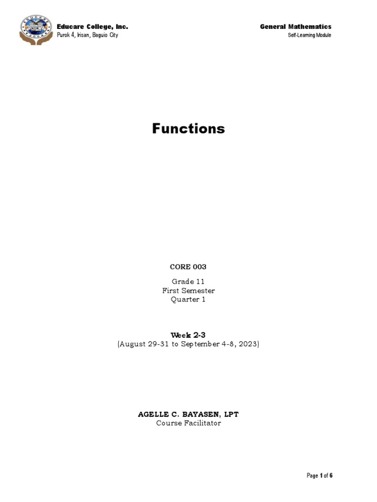 Functions: Purok 4, Irisan, Baguio City | PDF | Function (Mathematics ...