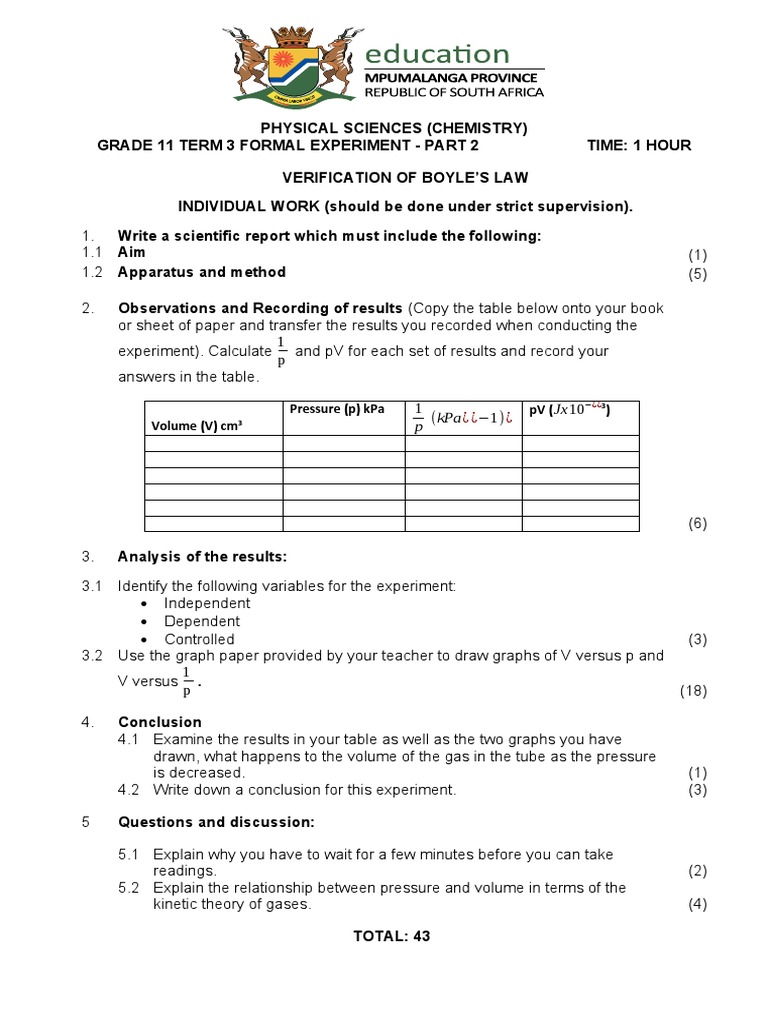 Grade 11 Term 3 Formal Experiment Boyle's Law (Part 2) - 2 | PDF ...