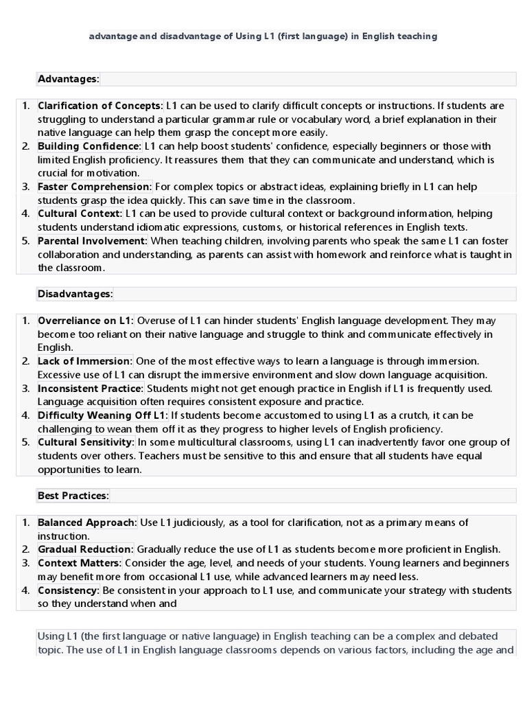 Advantage and Disadvantage of Using L1 (First Language) in English ...