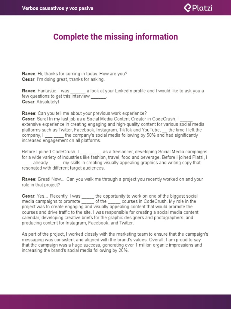 Class 2 Worksheet Practica Tu Ingles Con Una Entrevista de Trabajo ...