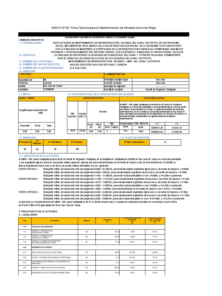 Ficha Tecnica - Yactapata - Terminado | PDF | Riego | Economias