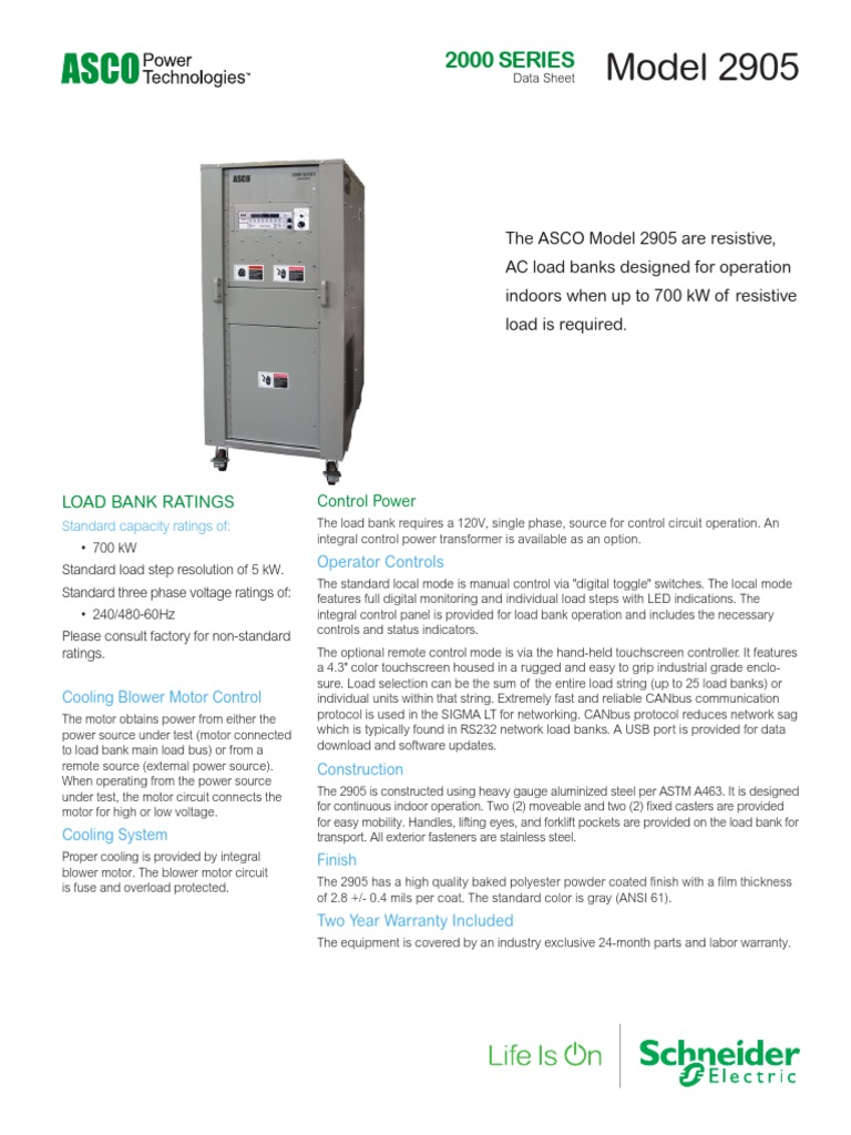 ASCO Model 2905 Load Bank Specifications | PDF | Fuse (Electrical) | Switch