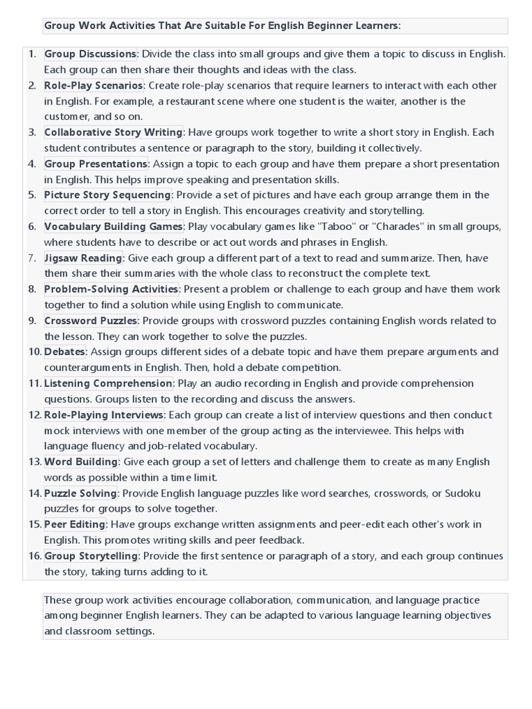Group Work Activities That Are Suitable For English Beginner Learners ...