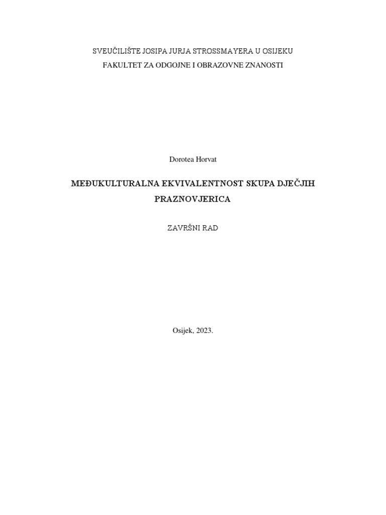 Međukulturalna Ekvivalentnost Skupa Dječjih Praznovjerica Dorotea Horvat Završni Rad | PDF