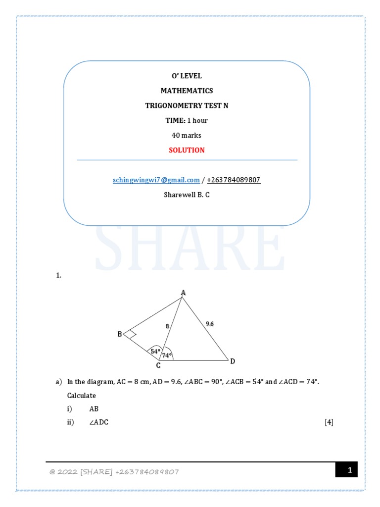 TRIGONOMETRY TEST N SOLUTION (O'LEVEL MATHEMATICS) Share | PDF ...