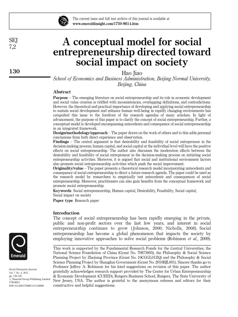 Hao Jiao (2011) A Conceptual Model For Social Entrepreneurship Directed ...