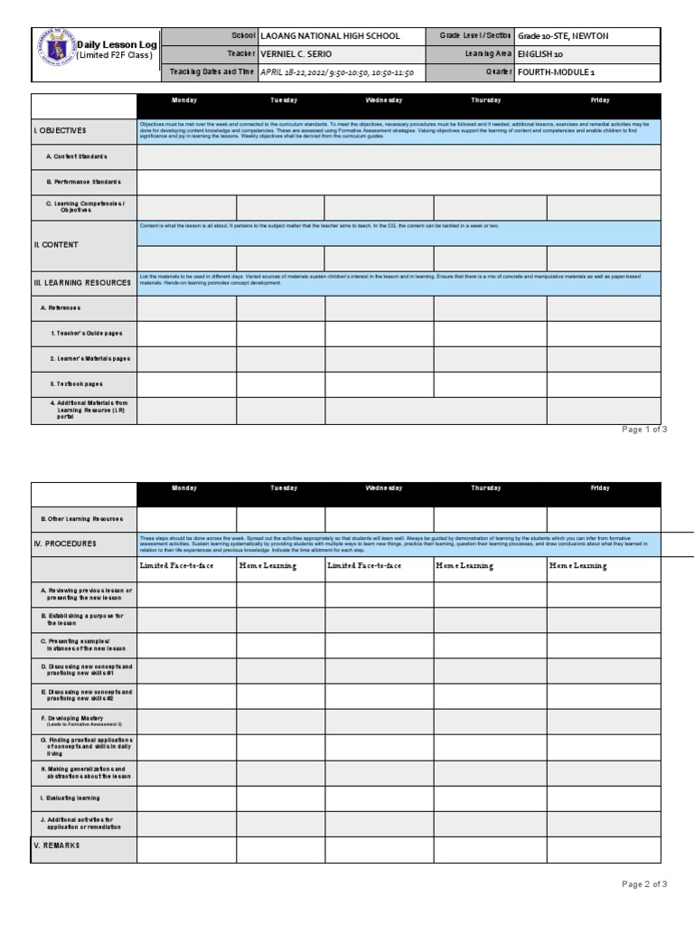 Lesson Log-Sample For Blended Learning | Download Free PDF | Learning ...
