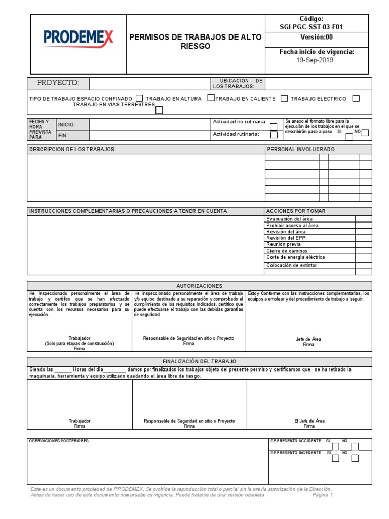 Permiso de Trabajos de Alto Riesgo | PDF