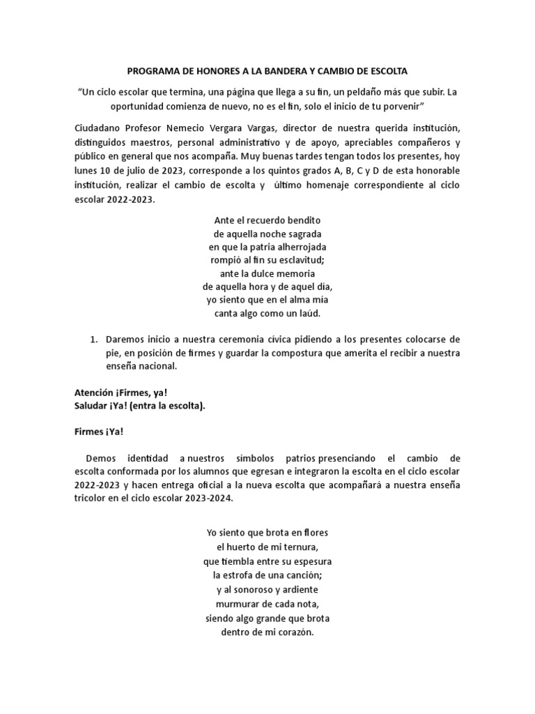 Programa De Honores A La Bandera Y Cambio De Escolta Pdf