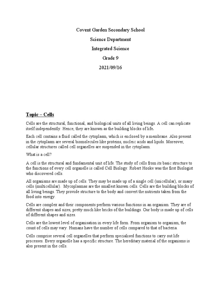 Inte Sci Grade 9 - Week 2 | PDF | Cell (Biology) | Prokaryote