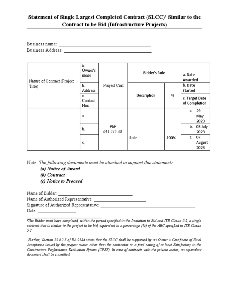 SLCC Statement of Single Largest Completed Contract (SLCC) Similar To ...
