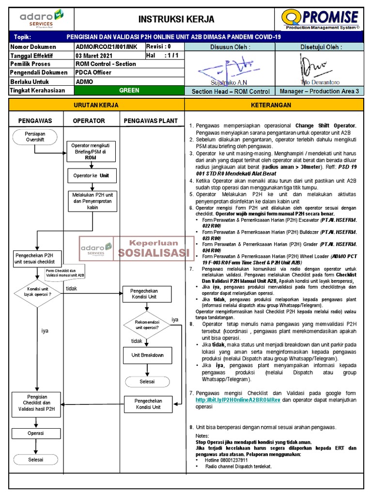 Admo Rco 21 001 Ink r0 Pengisian Dan Validasi p2h Online Unit A2b Dimasa Pandemi Covid-19 | PDF
