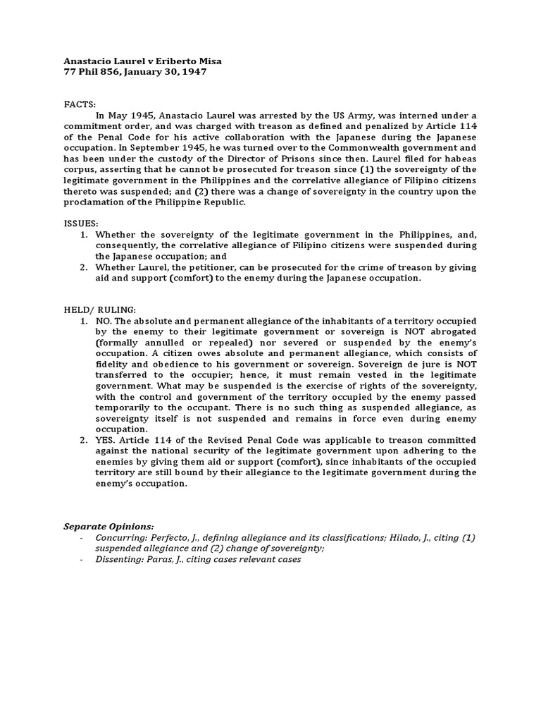 Anastacio Laurel V Eriberto Misa | PDF | Sovereignty | Treason