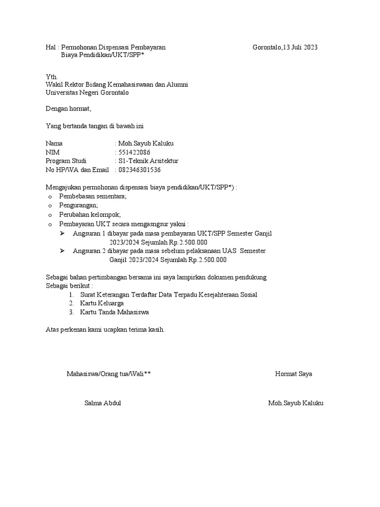 Contoh - Surat - Permohonan - UKT - Terbaru - Mey Mita | PDF
