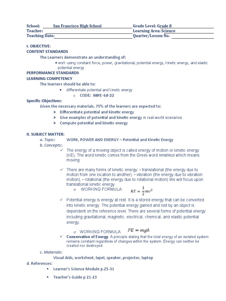 Potential and Kinetic Energy Lesson Plan | PDF | Kinetic Energy ...